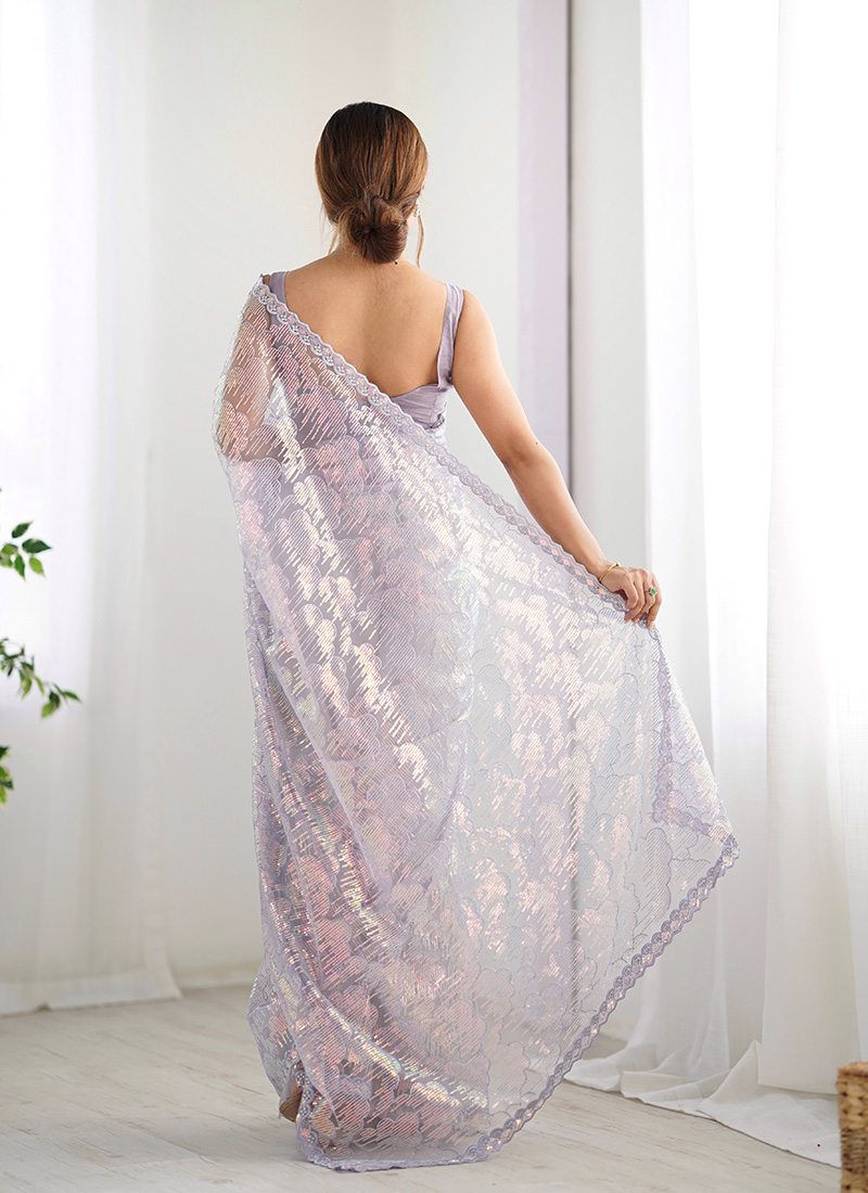 Buy Lavender Net Embroidered Sequins Ravishing Saree Festive Wear ...