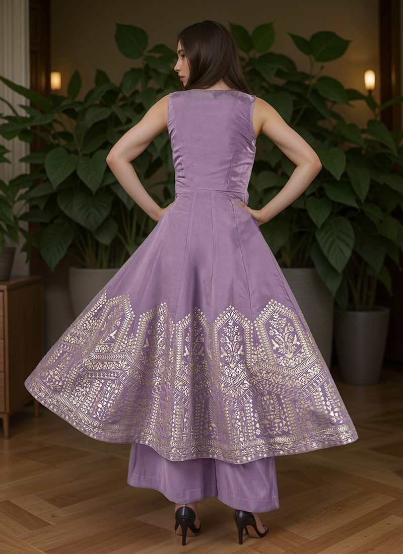 Buy Lavender Silk Foil Print With Mirror Work A Line Anarkali Suit Festive Wear Online at Best ...