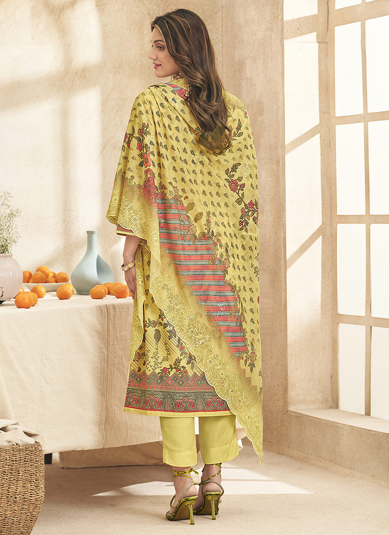 Shop Lemon Yellow Lawn Cotton Thread Embroidered And Digital Print ...