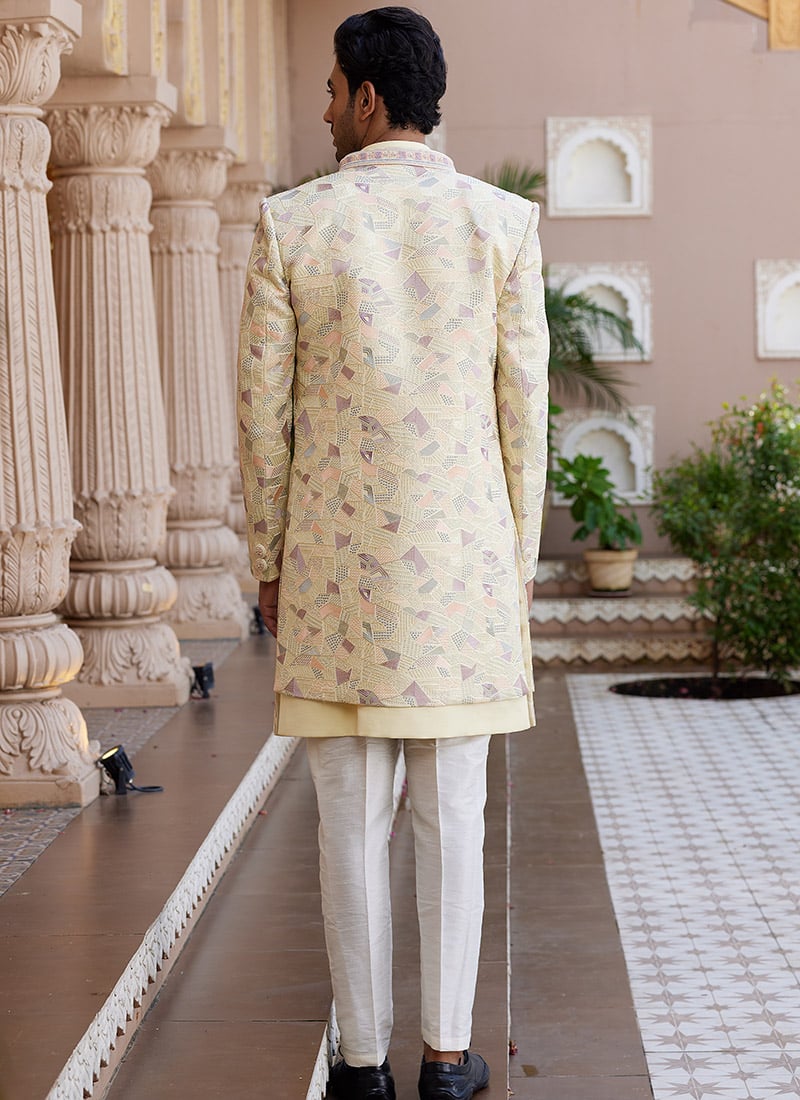 Shop Lemon Yellow Silk Embroidered Sequins Indowestern Sherwani Wedding ...