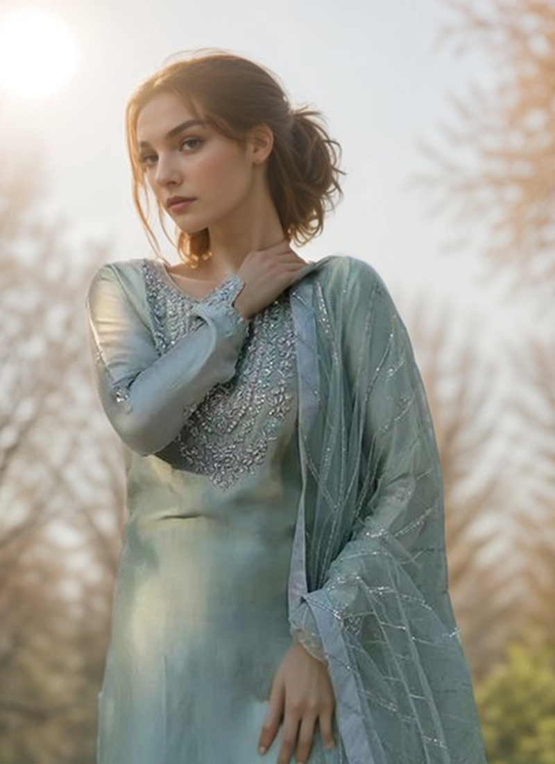 Buy Light Blue Organza Thread Hand Work Stones Straight Pant Suit ...