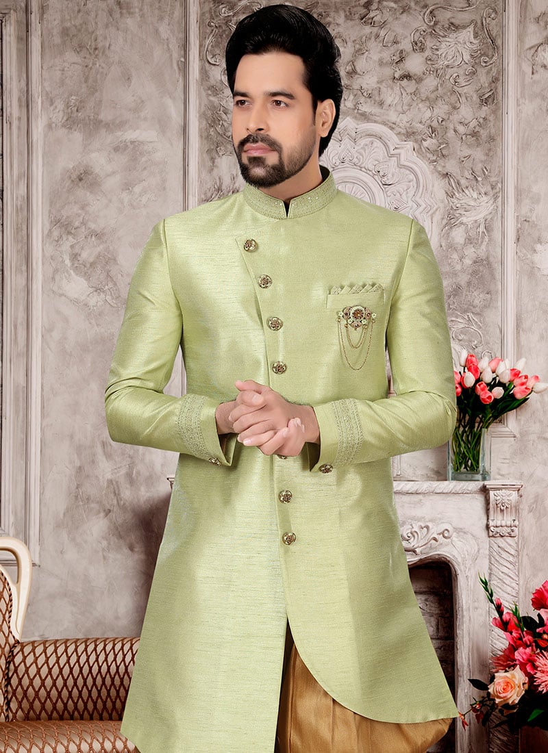 Buy Light Mehndi Slub Silk Hand Work Classic Sherwani Wedding Wear ...