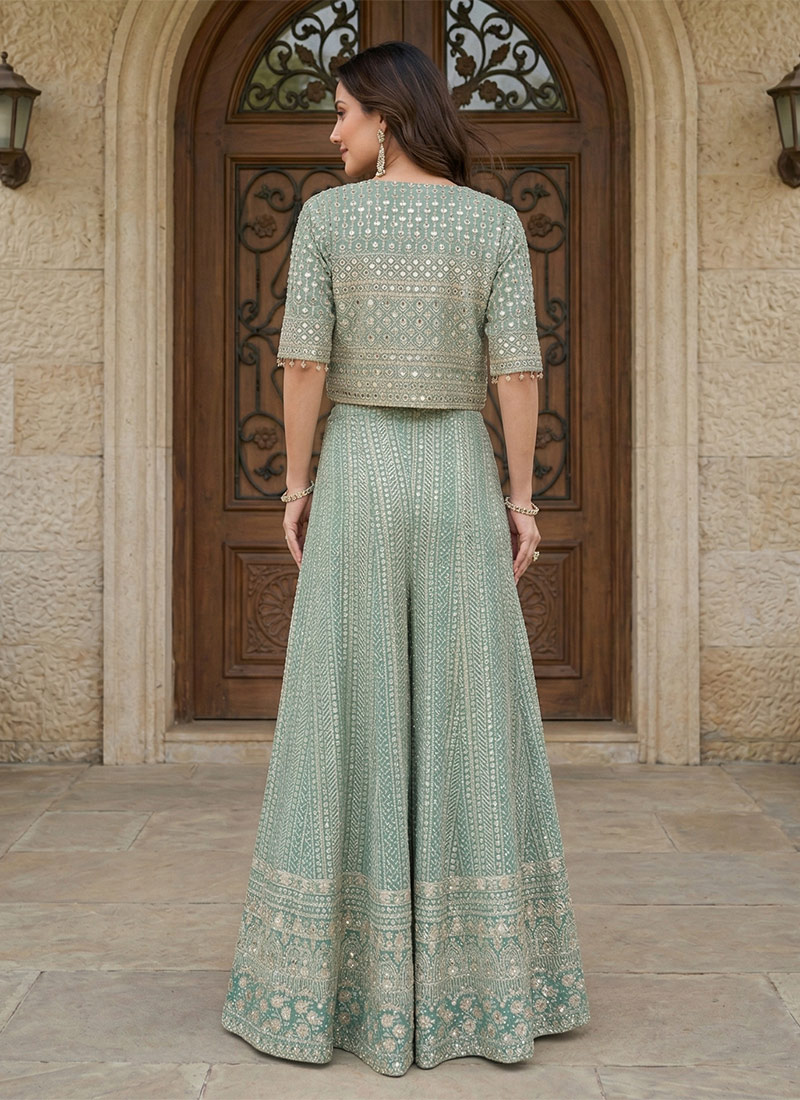 Shop Light Mint Green Georgette Zari Hand Embroidered Indowestern Crop ...