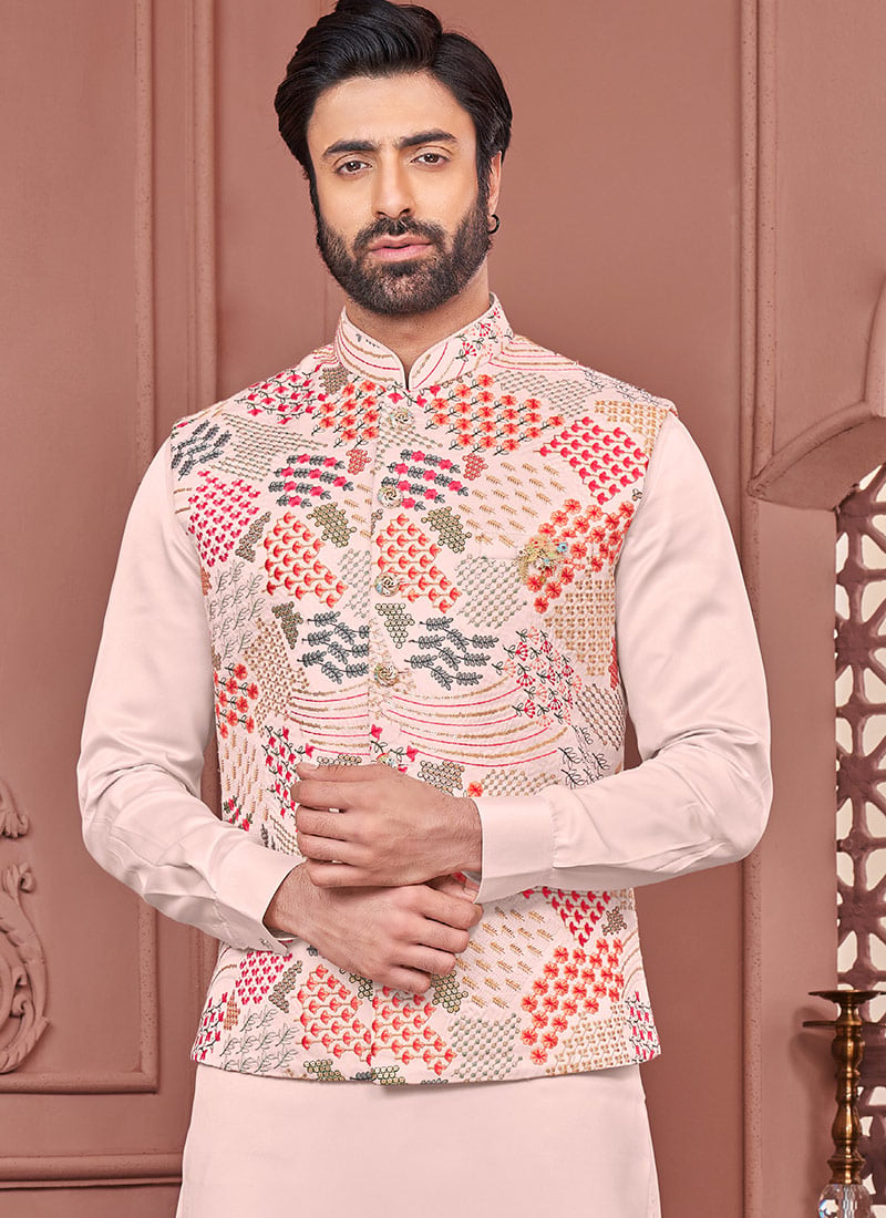 Shop Light Peach Art Silk Embroidered Bandi Set Party Wear in UK - Cbazaar