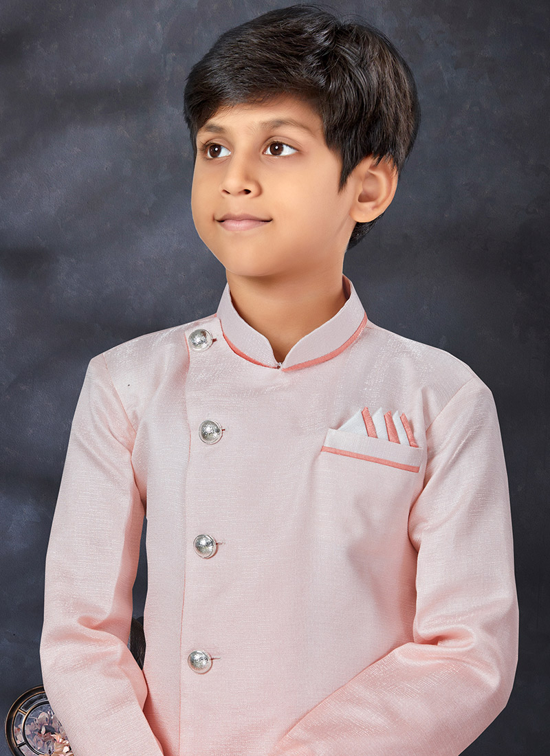 Shop Light Peach Art Silk Kids Boys Indowestern Sherwani Party Wear in ...