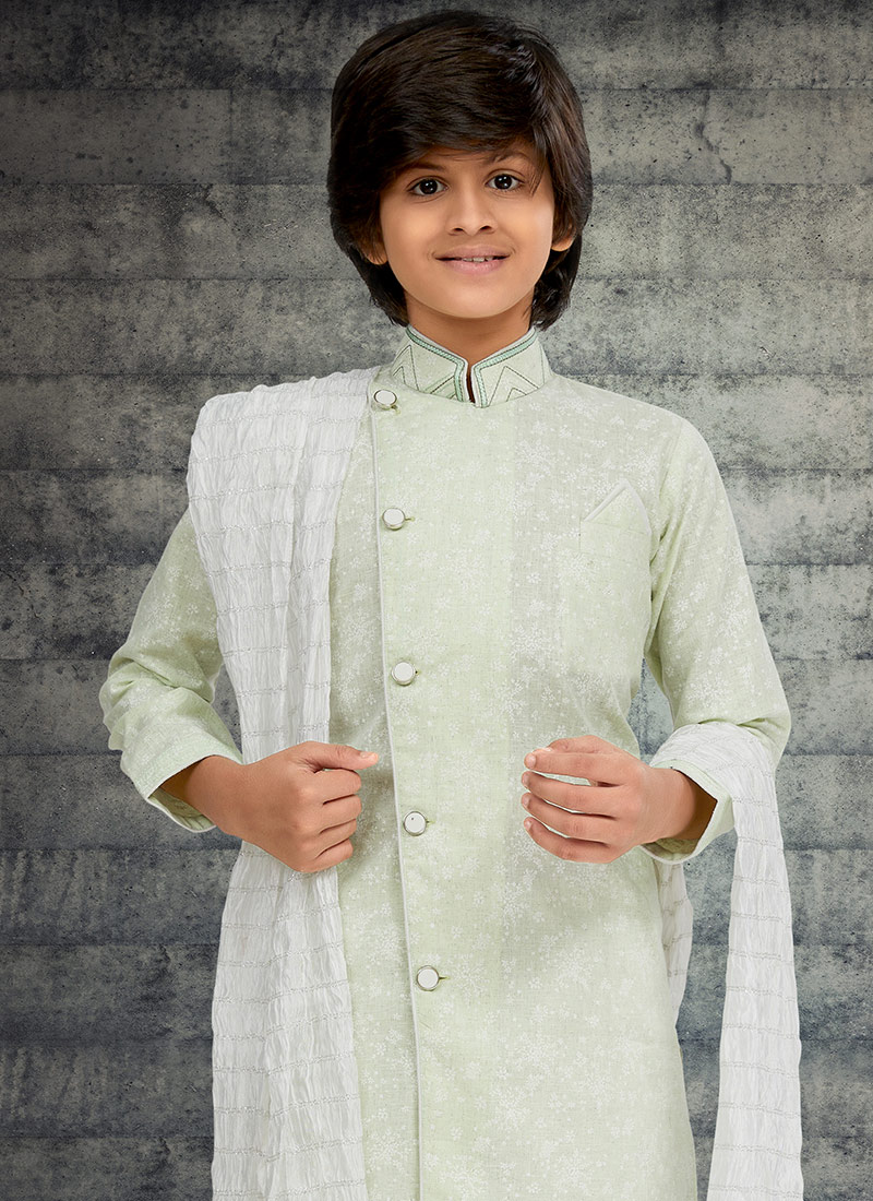 Shop Light Pista Green Cotton Kids Boys Indowestern Sherwani Festive ...