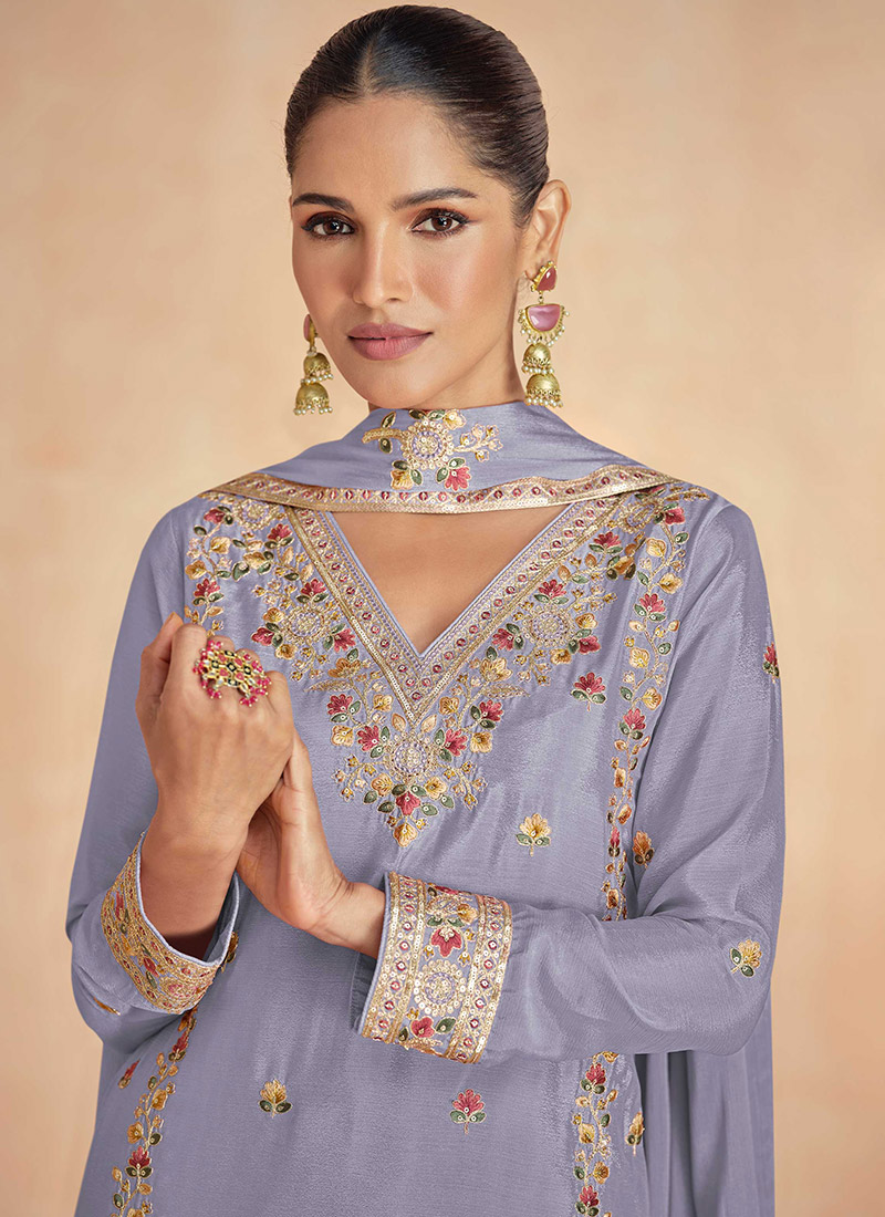Shop Light Purple Chinon Silk Embroidered Sequins Palazzo Suit Festive ...