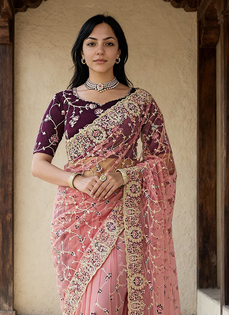 Shop Light Purple Net Embroidered Zari Saree Wedding Wear in UK - Cbazaar