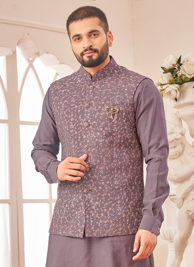 Shop Light Purple Silk Embroidered Bandi Set Festive Wear in UK - Cbazaar