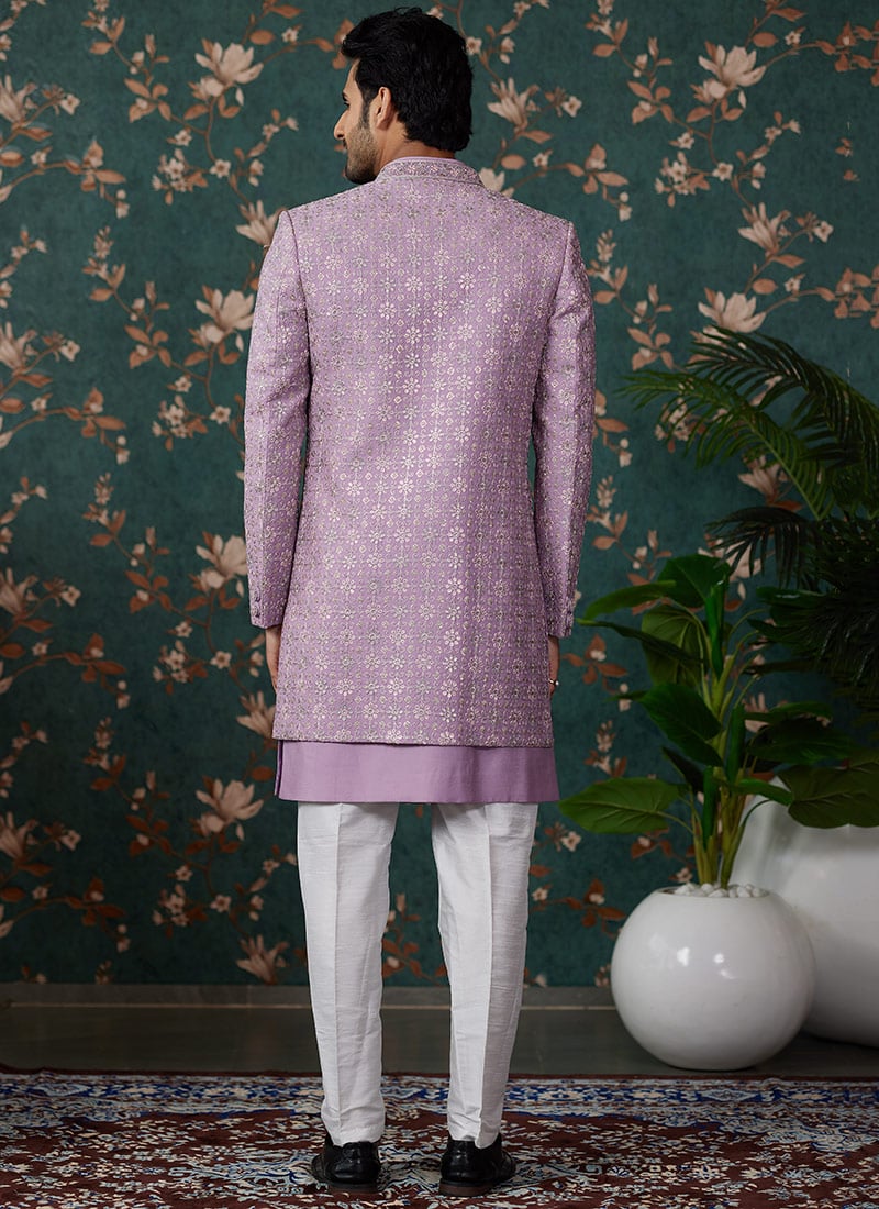 Buy Light Purple Silk Thread Embroidered And Sequins Indowestern ...