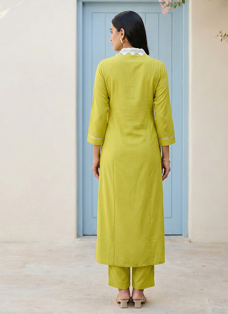 Shop Lime Yellow Viscose Embroidered Straight Pant Suit After Six Wear ...
