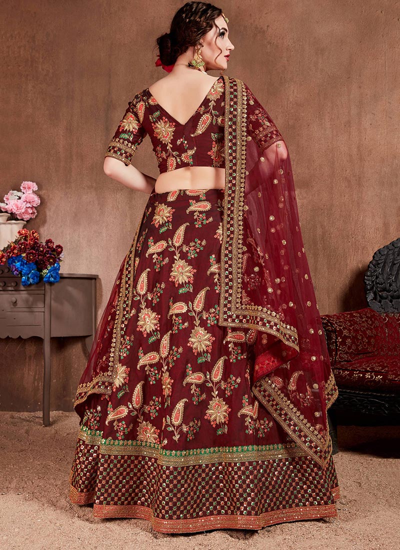 Buy Luxurious Maroon Taffeta Lehenga With Embroidered Sequins Wedding ...