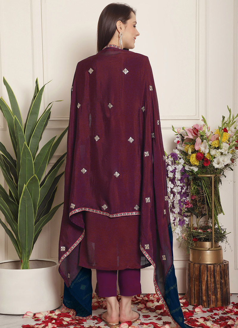Shop Magenta Chinon Embroidered Straight Pant Suit Party Wear Online at ...