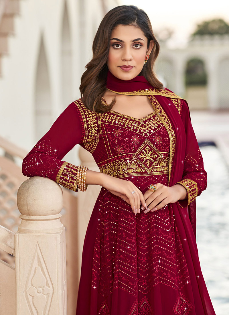 Shop Maroon Faux Georgette Embroidered and Sequins Anarkali Suit Party ...