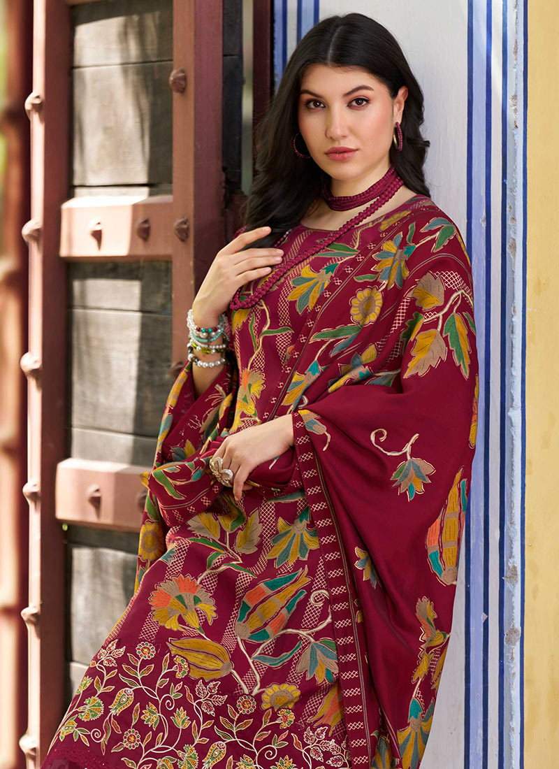 Shop Maroon Muslin Thread Embroidered And Floral Print Straight Pant ...