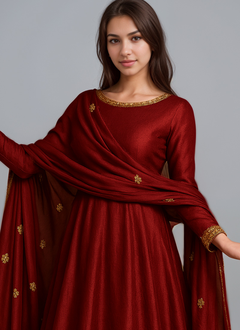 Shop Maroon Raw Silk Embroidered Hand Work Anarkali Suit Festive Wear ...