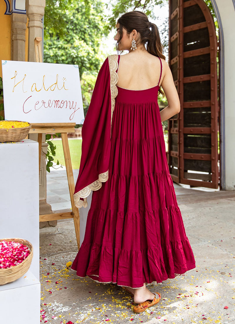 Shop Maroon Rayon Diwali Anarkali Suit With Dupatta Sequins Lace Work ...