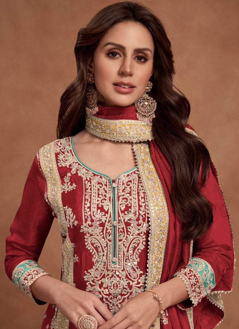 Shop Maroon Shimmar Silk Embroidered Mirror Work Sequins Pakistani ...