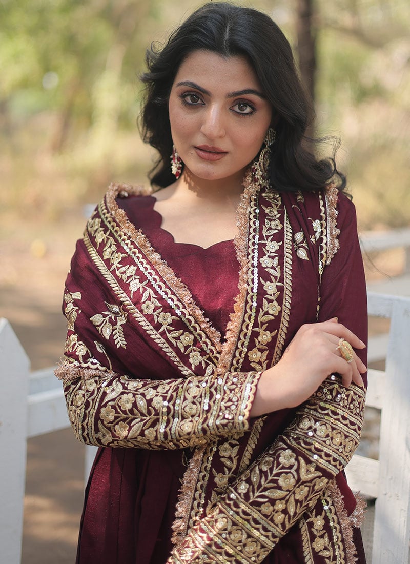 Shop Maroon Silk Embroidered Sequins A Line Gorgeous Anarkali Suit ...