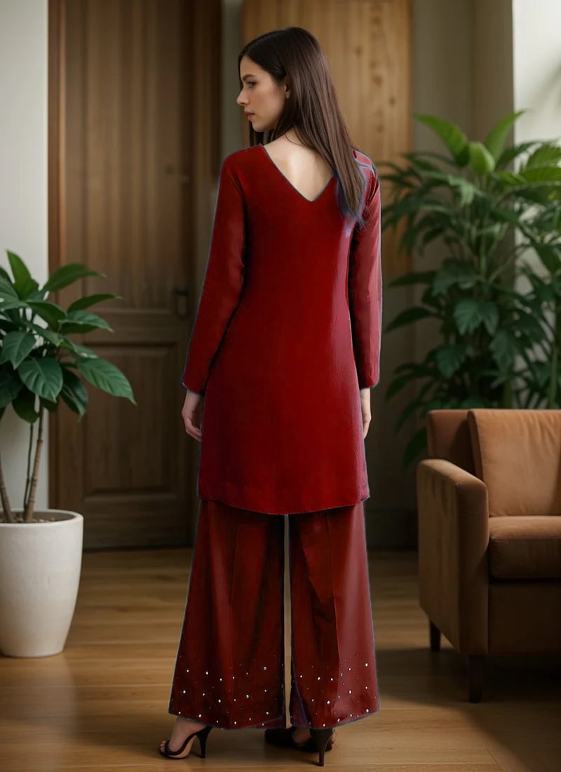 Shop Maroon Silk Hand Embroidered Stone And Mirror Work Palazzo Suit ...