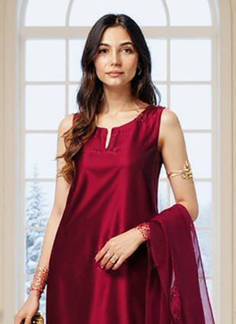Shop Maroon Silk Moti Resham Hand Embroidered Palazzo Suit Festive Wear in India - Cbazaar
