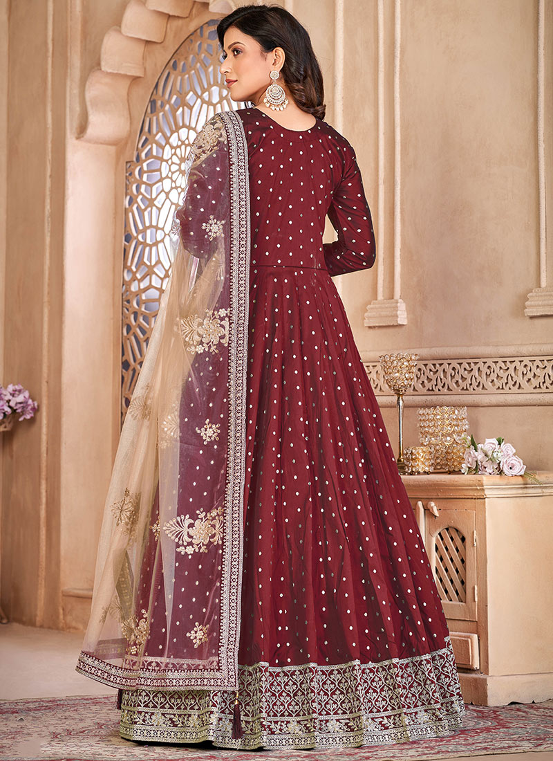 Buy Maroon Taffeta Embroidered Stones Anarkali Suit Party Wear Online ...