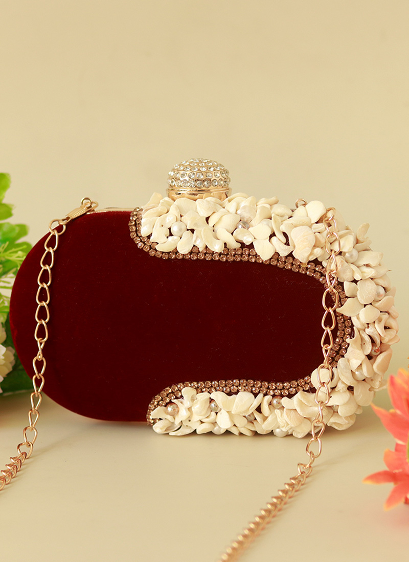Buy Maroon Velvet Clutch Embossed With Stones Party Wear Online at Best ...