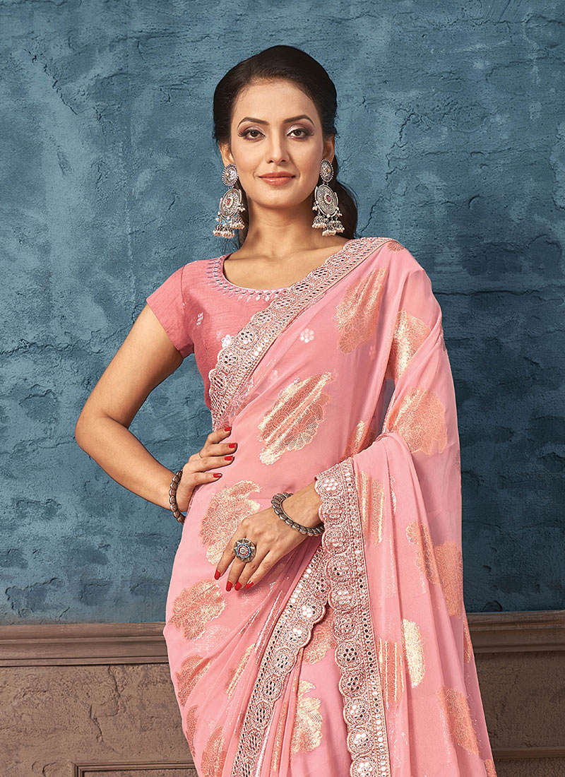 Shop Marvellously Embroidered Jacquard Print Mirror Work Saree Party ...