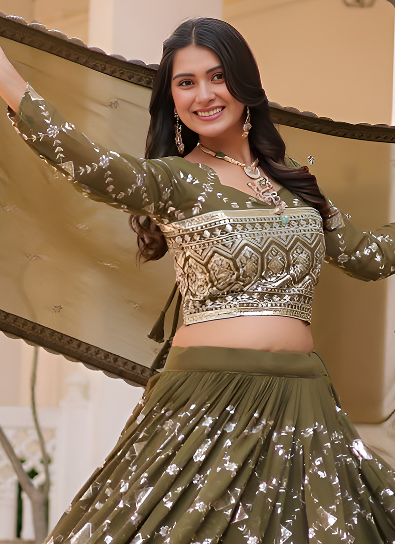 Shop Mehendi Green Faux Georgette Foil Work Stunning Lehenga Festive ...