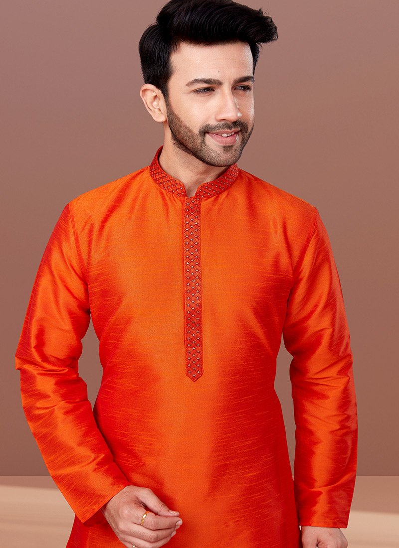 Buy Men Banarasi Dupion Silk Orange Solid Stitch Kurta Pyjama Party Wear Online at Best Price ...