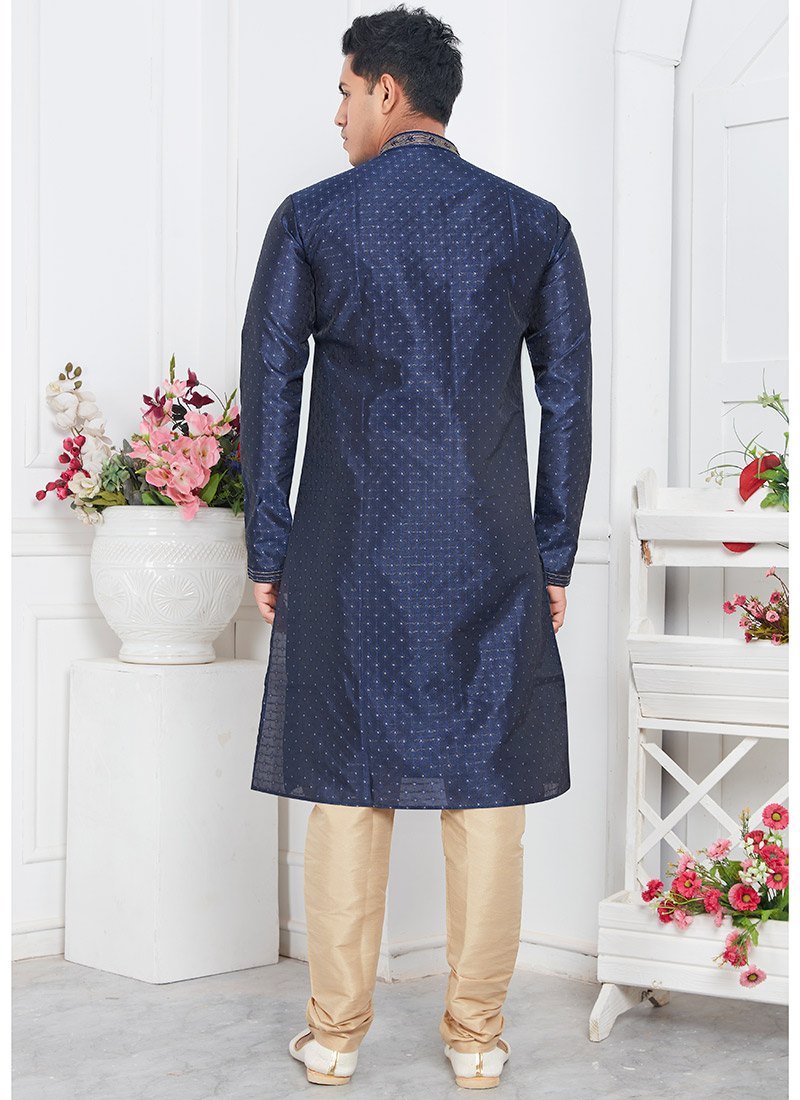Buy Mens Navy Blue Silk Jacquard Brocade Kurta Pyjama Set Festive Wear ...