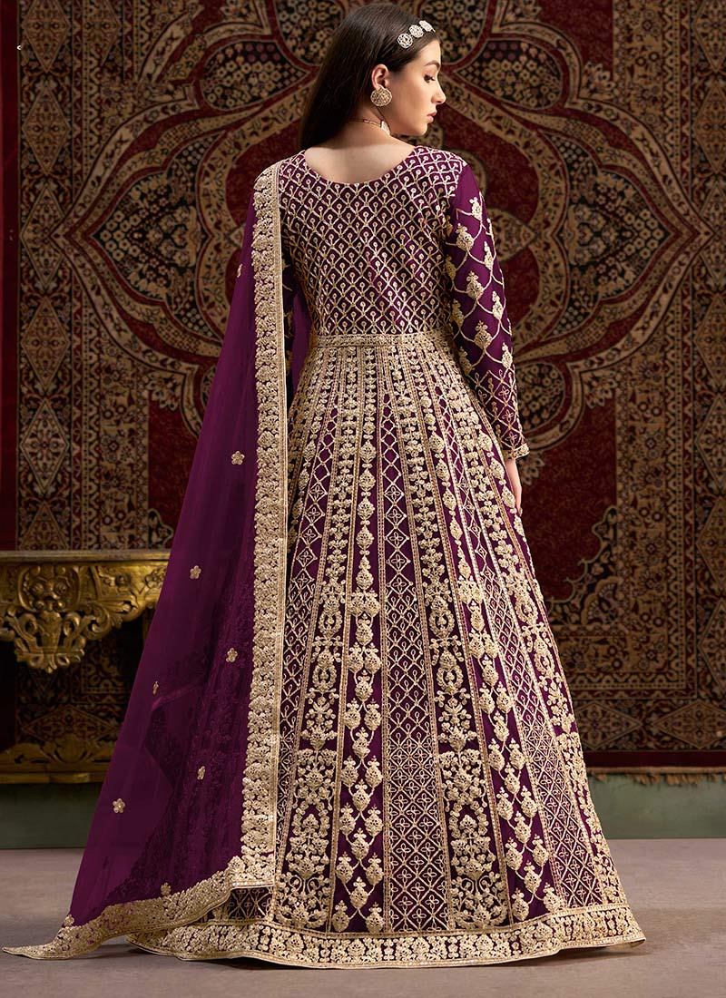 Buy Mesmerizing Purple Net Gota Embroidered Sequins A Line Anarkali For ...