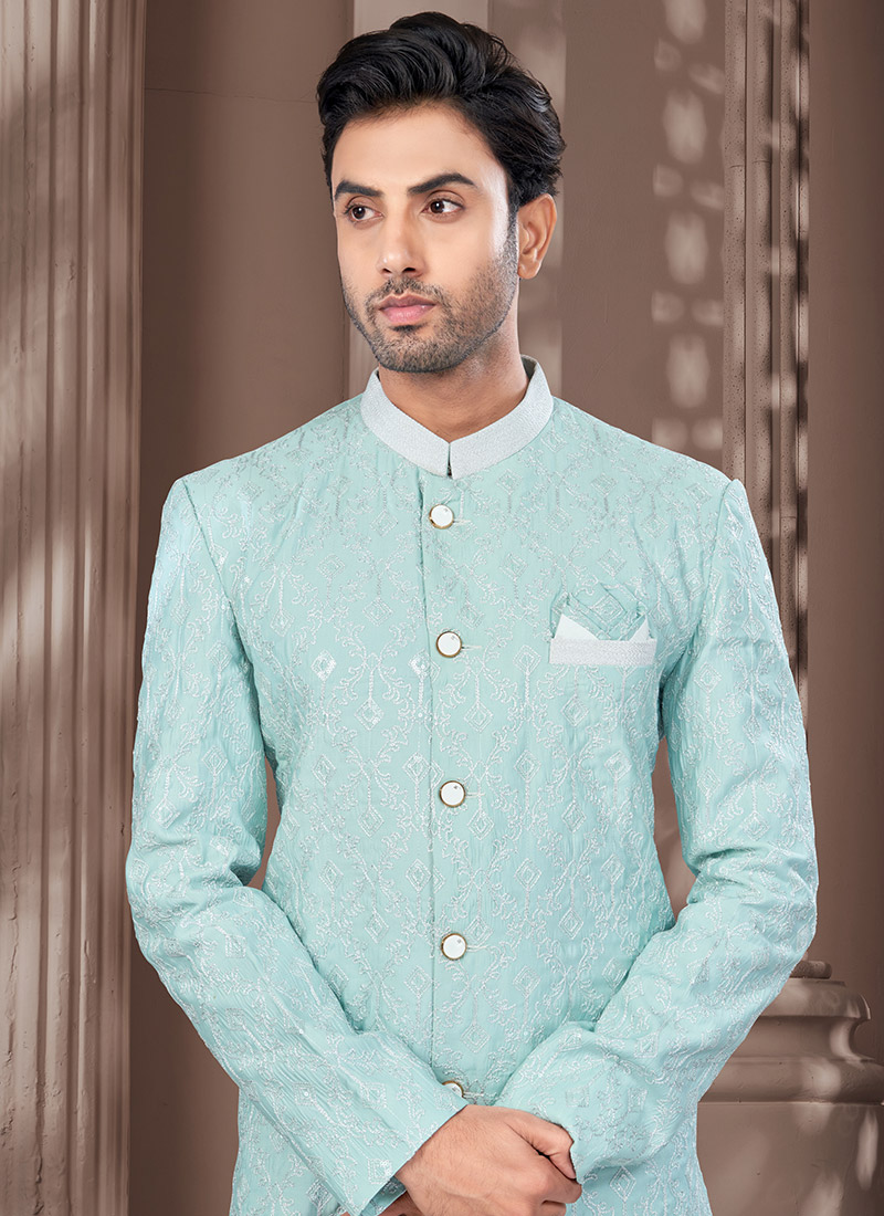 Buy Mint Green Kora Shine Silk Embroidered Sequins Indowestern Sherwani Festive Wear Online at ...