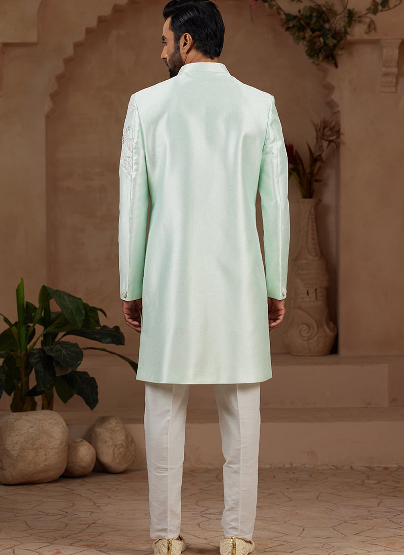 Shop Mint Green Silk Beads And Cutdana Hand Work Indowestern Sherwani Wedding Wear in UK - Cbazaar