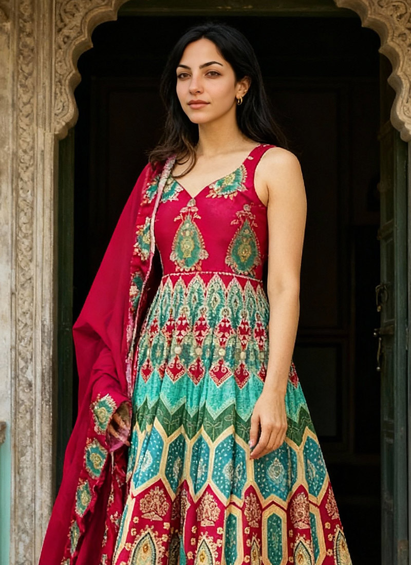 Shop Multicolor Silk Digital Print Anarkali Suit After Six Wear Online ...