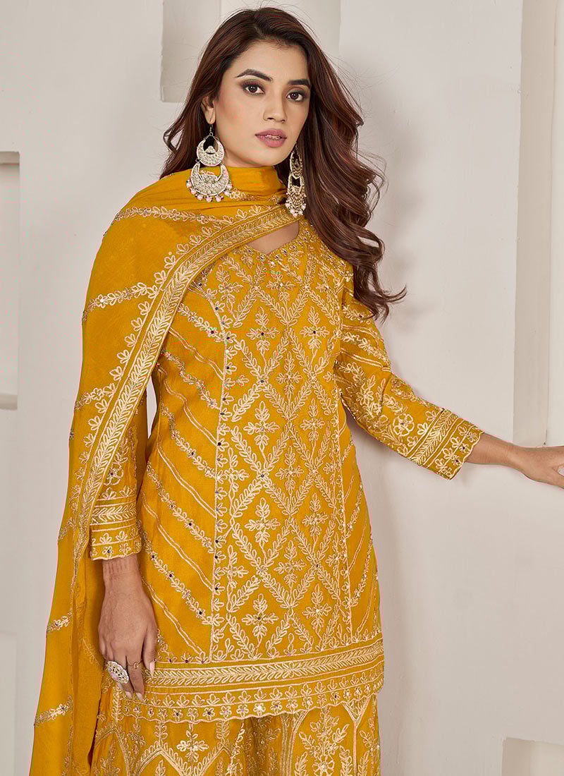 Buy Mustard Chinon Embroidered And Mirror Work Pakistani Palazzo Suit ...