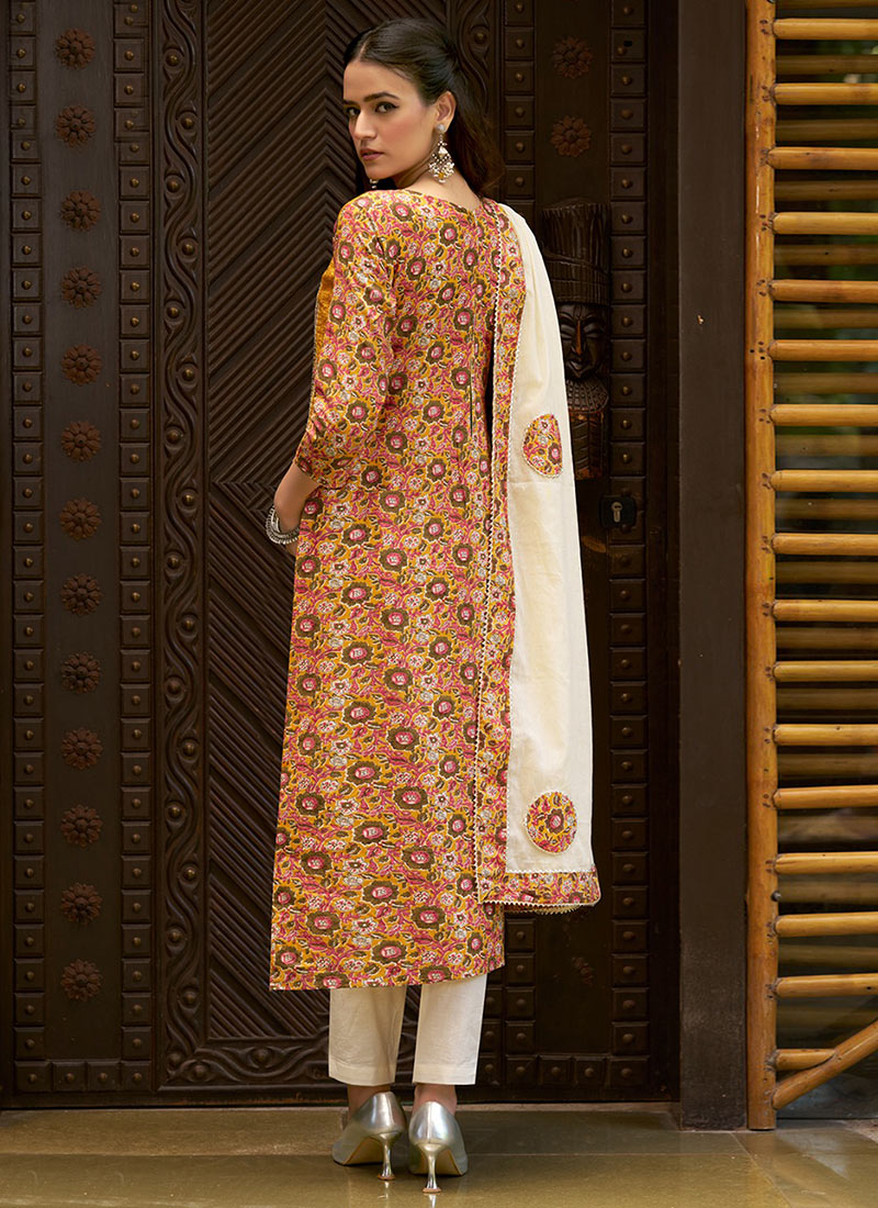 Shop Mustard Cotton Digital Print Patch Work Straight Pant Suit Festive ...