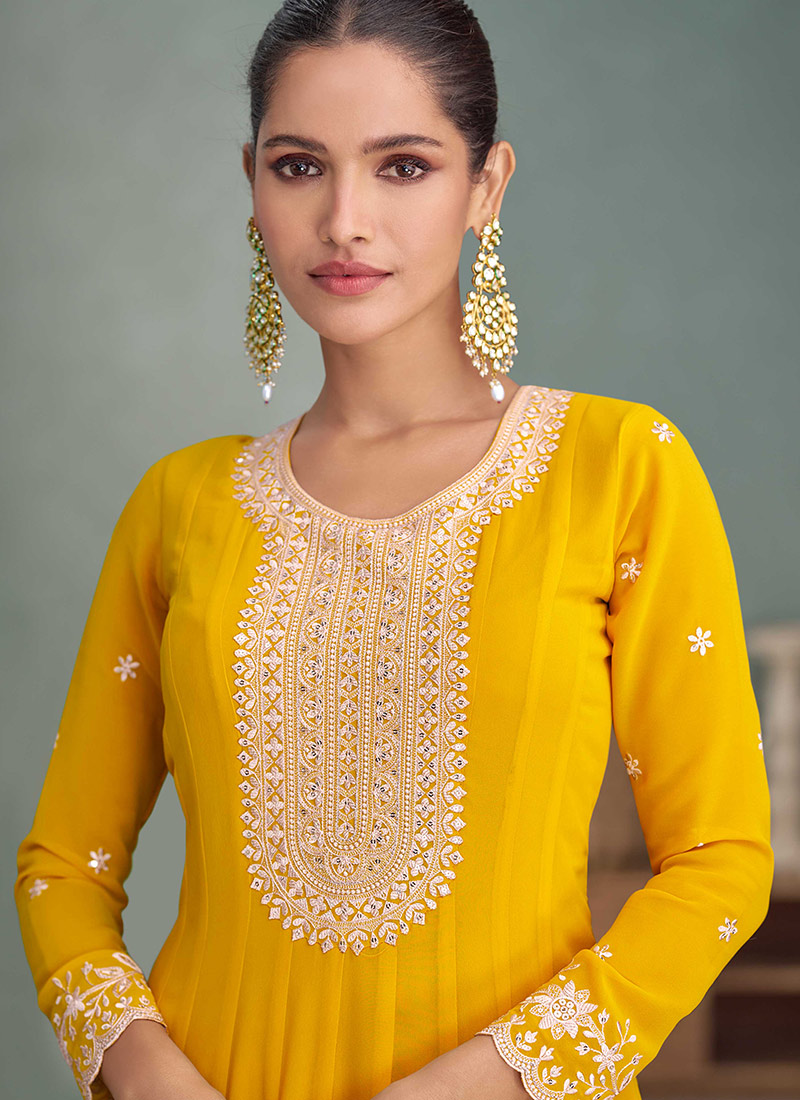 Shop Mustard Georgette Embroidered Sequins A Line Anarkali Suit Festive ...