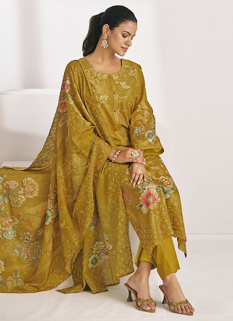 Buy Mustard Lawn Cotton Digital Print Straight Pant Suit After Six Wear ...