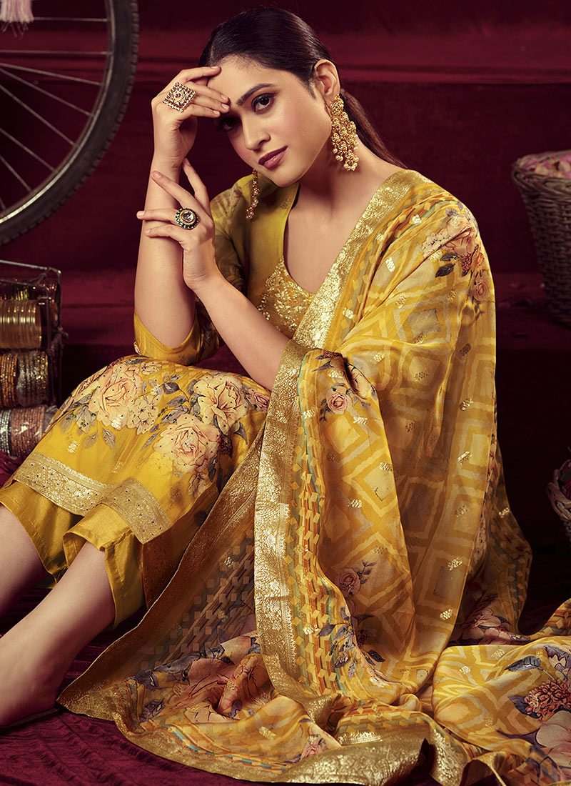 Buy Mustard Organza Jacquard Woven Straight Pant Suit Festive Wear ...