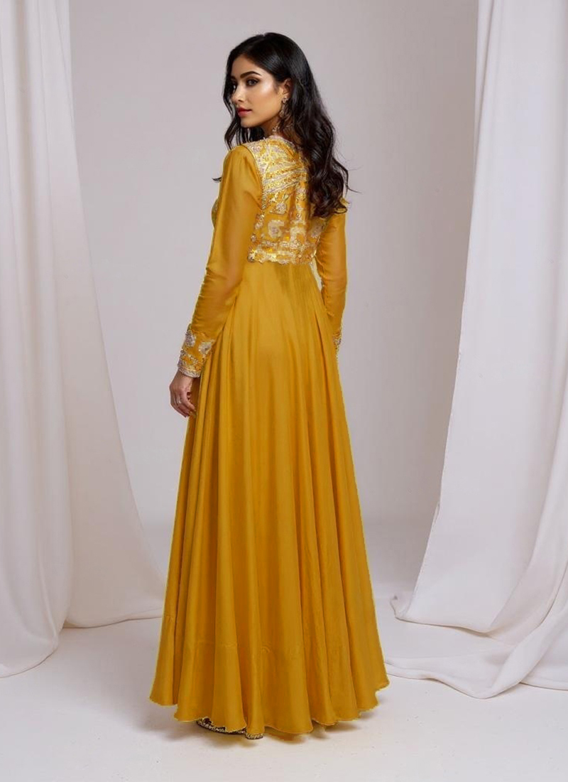 Buy Mustard Satin Zari Hand Embroidered Sequins With Moti Work ...