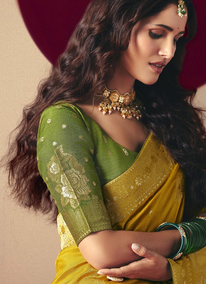 Shop Mustard Viscose Zari And Jacquard Saree Festive Wear in India - Cbazaar
