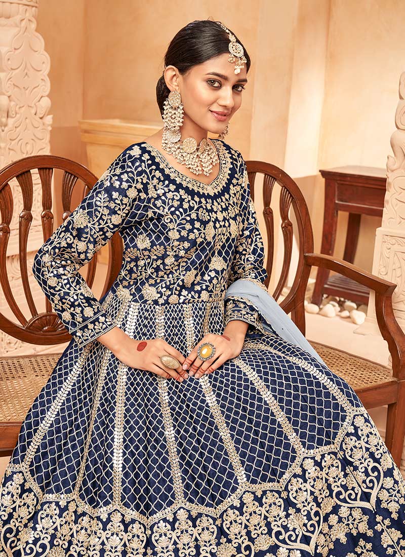Shop Navy Blue Art Silk Embroidered Gota Patti Anarkali Suit Party Wear ...