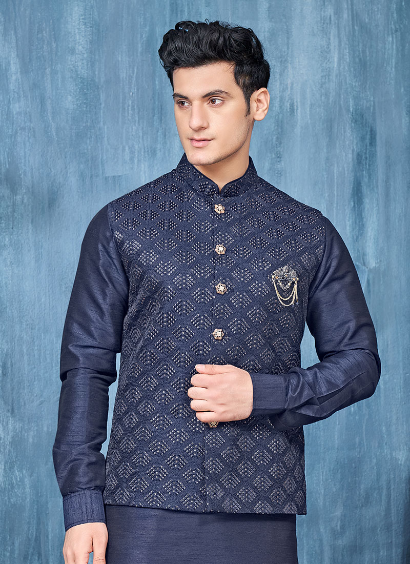 Shop Navy Blue Art Silk Embroidered Bandi Set Party Wear Online at Best Price | Cbazaar