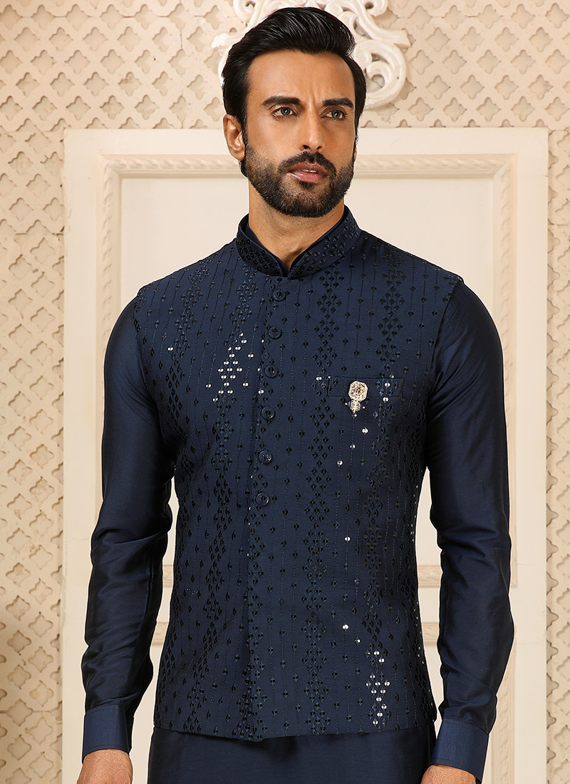 Shop Navy Blue Art Silk Mirror Work Bandi Set Party Wear Online at Best Price | Cbazaar