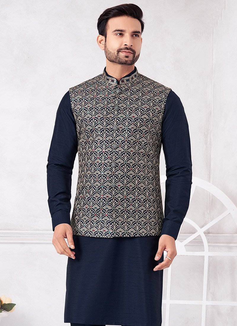 Shop Navy Blue Banarasi Silk Embroidered Sequins Thread Bandi Set ...