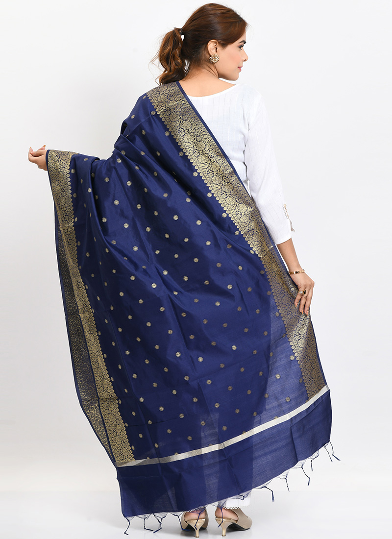 Shop Navy Blue Banarasi Silk Weaving Work Dupatta Work Wear Online at ...