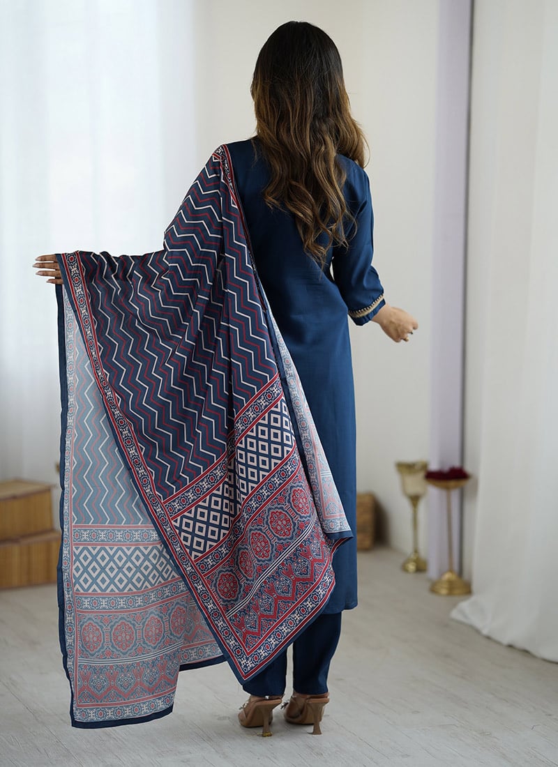 Shop Navy Blue Chanderi Silk Embroidered Sequins And Printed Straight ...