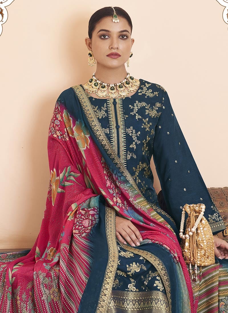 Shop Navy Blue Dola Silk Jacquard Embroidered Sequins Straight Pant ...