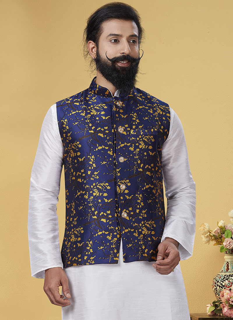 Shop Navy Blue Dupion Silk Jacquard Bandi Set Party Wear Online at Best Price | Cbazaar
